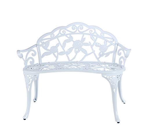 C/G Patio Balcony Bench Double Seat, Anti-Rust Cast Aluminum Patio Garden Bench for Park Yard Outdoor Furniture White