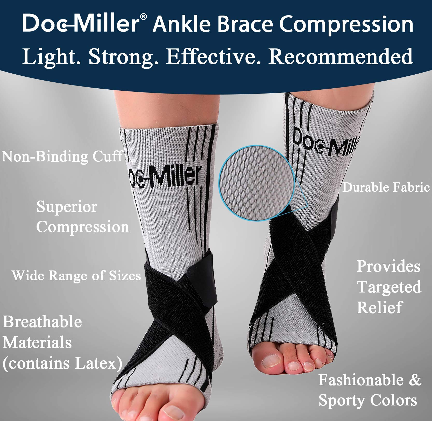 Doc Miller Ankle Brace for Women and Men, 1 Pair Small, Ankle Compression Sleeve with Adjustable Elastic Support Straps for Plantar Fasciitis Relief Sprained Foot and Achilles Tendonitis, Gray Black