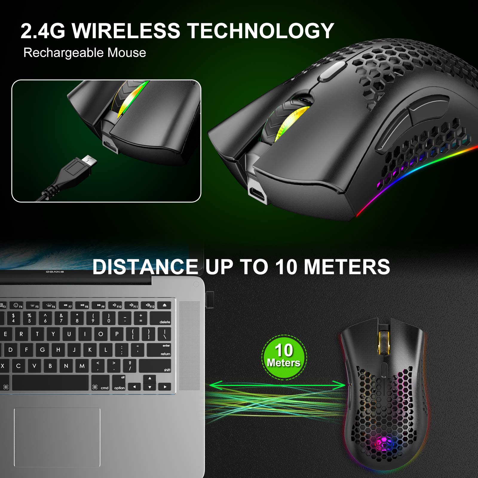 AAJO Wireless Gaming Mouse, USB Mouse Gaming with Honeycomb Shell, RGB Chroma Backlit Mouse, Hyperspeed Comfortable Grip Ergonomic Optical Mice for PC Computer Laptop