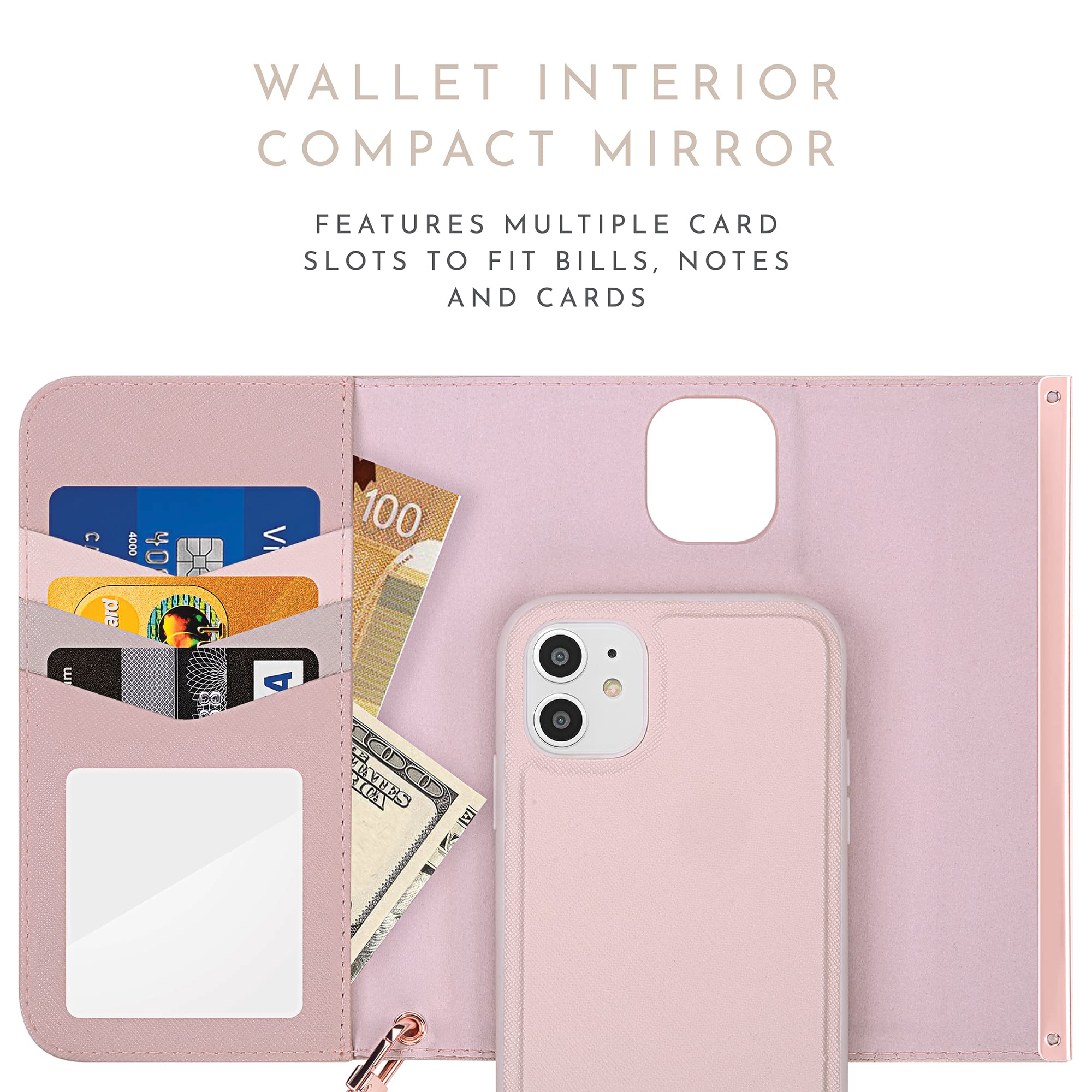 HABITU [Folio Collection 2022 Eris Tri-Fold Pink Wallet Case for iPhone 12 Pro Max, Detachable Vegan Leather Magnetic Folio with Card Pockets, Mirror & Strap for Women, for Women