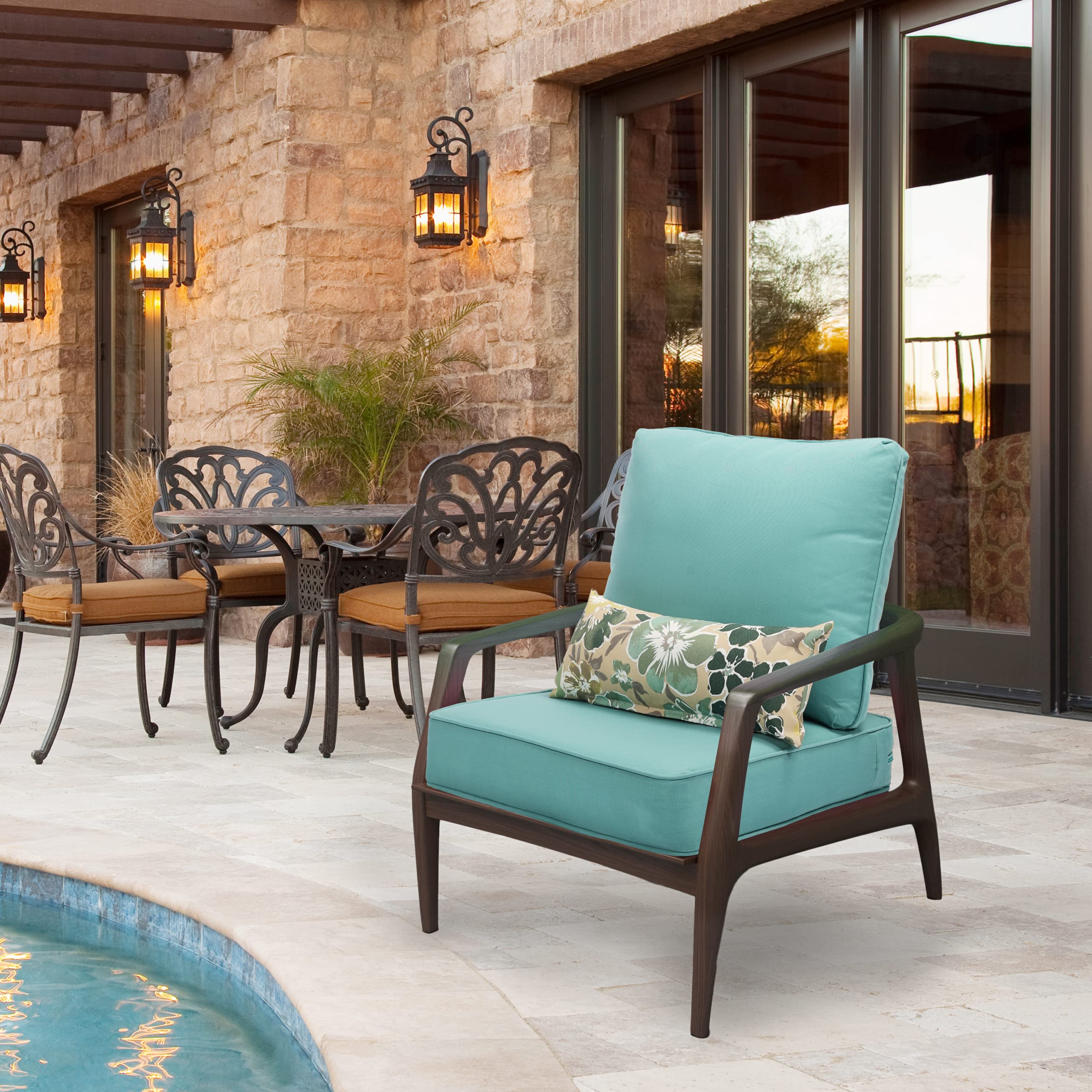 Aoodor 22'' x 24'' Outdoor Deep Seat Chair Cushion Set,Olefin Fabric Slipcover and Sponge Foam- Teal (Set of 2 Seats, 2 Backs, 2 Pillows
