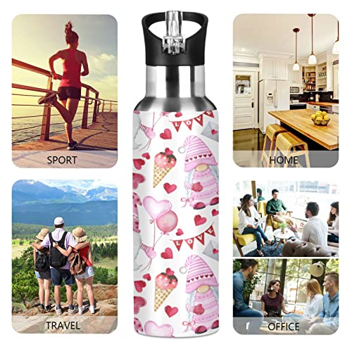 Cute Valentine Gnomes Insulated Water Bottle with Straw Lid Stainless Steel Vacuum Bottles with Handle for Hiking Camping 20 oz BAP-Free