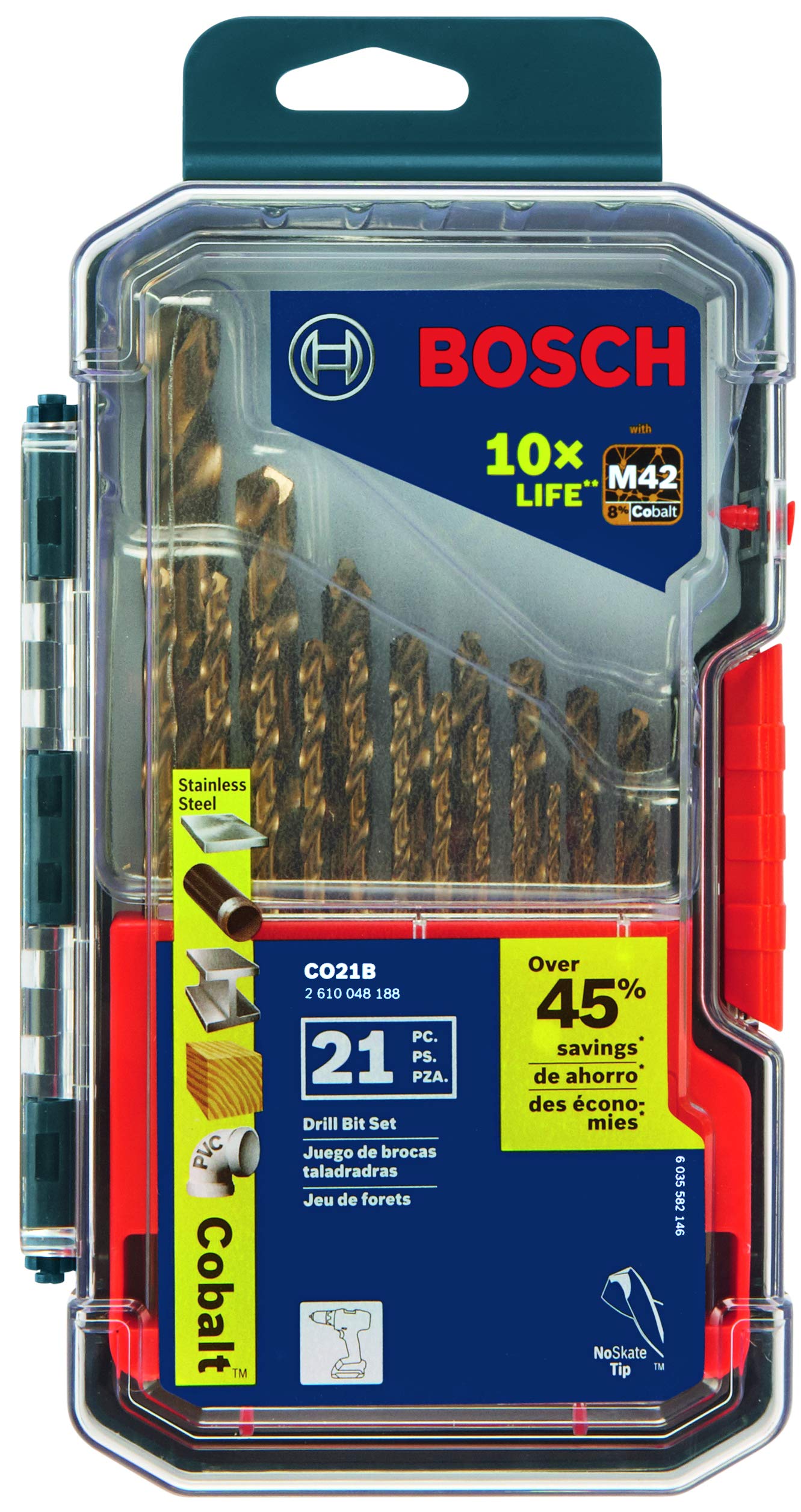 BOSCH CO21B 21-Piece Assorted Set with Included Case Cobalt M42 Metal Drill Bit with Three-Flat Shank for Drilling Applications in Stainless Steel, Cast Iron, Titanium, Light-Gauge Metal, Aluminum