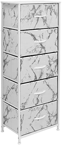 Sorbus Fabric Dresser for Bedroom - Chest of 5 Drawers, Tall Storage Tower, Clothing Organizer, for Closet, for Living Room, Steel Frame, Fabric Bins - Wood Handle (Marble White – White Frame)