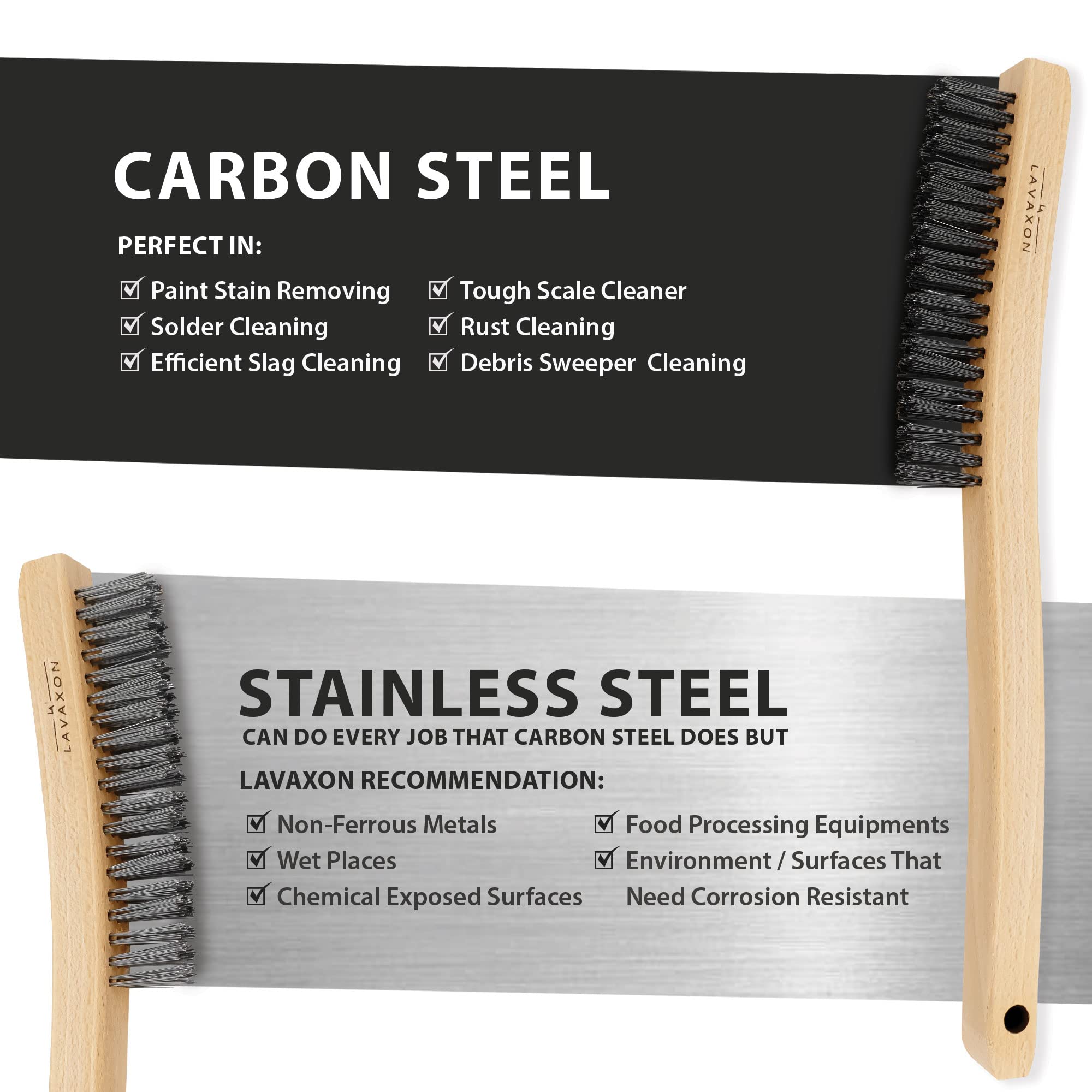Lavaxon Wire Brush Set-Heavy Duty Stainless & Carbon Steel Bristles with Wood Handle Grip for Rust, Wielding Slag, Dirt & Paint Scrubbing with Deep Cleaning โ 14 Inches (Pack of 2)