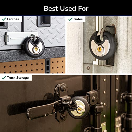 BRINKS Heavy Duty Padlocks & Keys 4 Pack 70mm Stainless Steel Keyed Alike Commercial Discus Keyed Lock for Storage Shed Garage Locker Sliding Doors Cabinets & More Round with Boron Shackle, Black