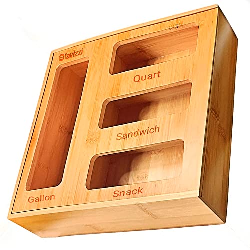 Favizzi Drawer Storage Organizer for Ziploc Bags, Premium Bamboo Kitchen Drawer Bags Organizer and Dispenser, Fits Gallon, Quart, Sandwich and Snack Bags