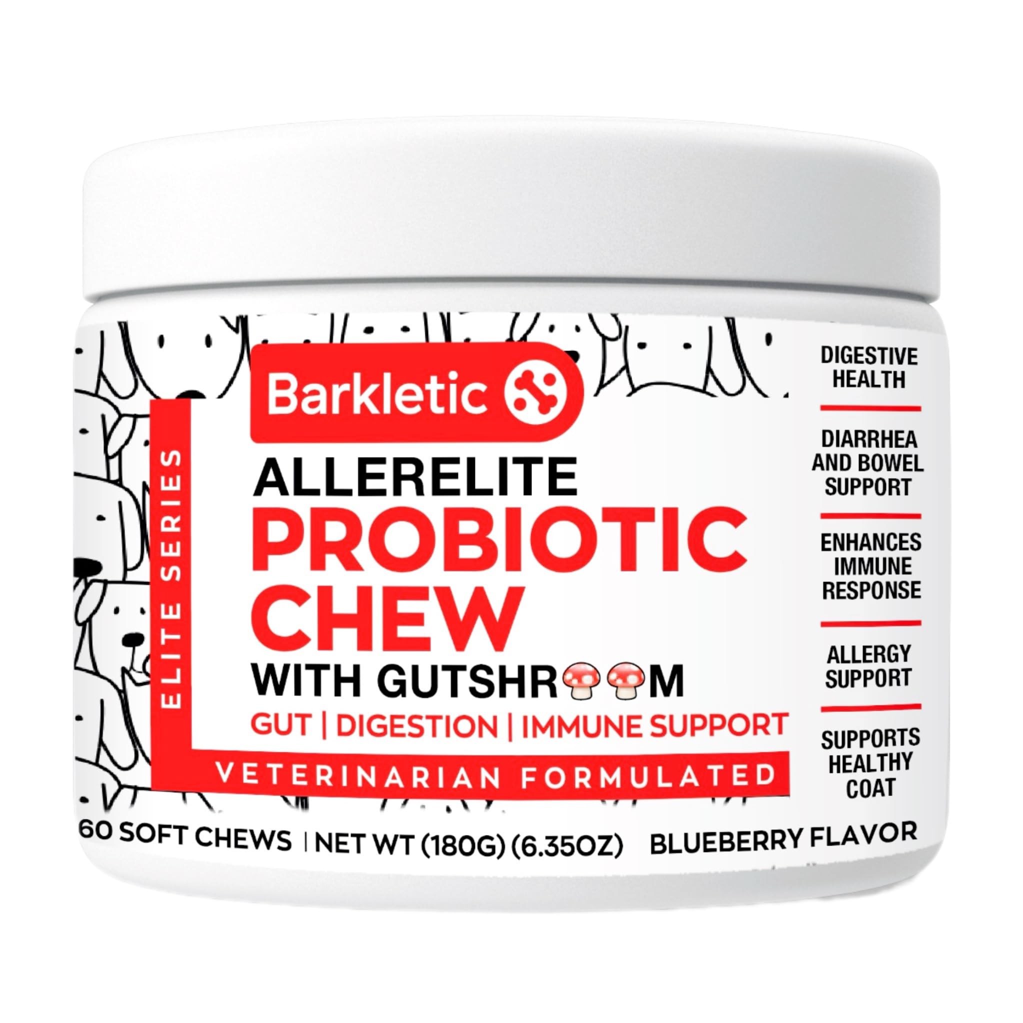 Barkletic Pet Probiotics for Dogs with Gutshroom – Digestive Health, Gut Flora, Allergy & Immune Support, Prebiotic, Enzymes, Natural Superfood, 3 Billion CFU, Free of Common Allergens | 60 Soft Chews