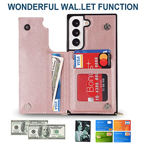 DEFBSC Compatible with Samsung Galaxy S22 Case, Crossbody Wallet Case, Adjustable Detachable Lanyard Neck Strap with Kickstand Leather Card Holder Protective Cover-Rose Gold