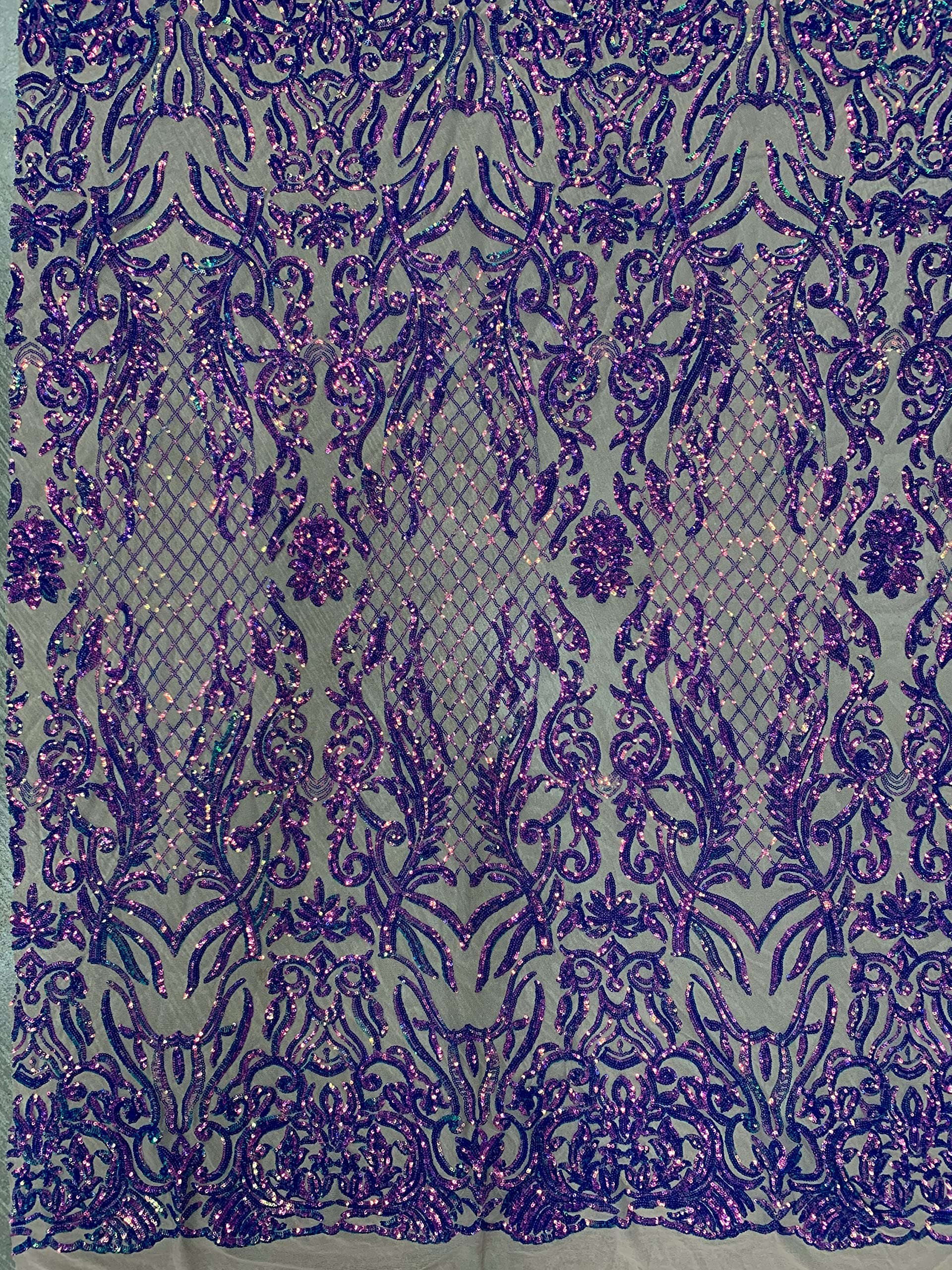 Phoebe Iridescent Purple Sequins on Nude Mesh Lace Fabric by The Yard - 10062