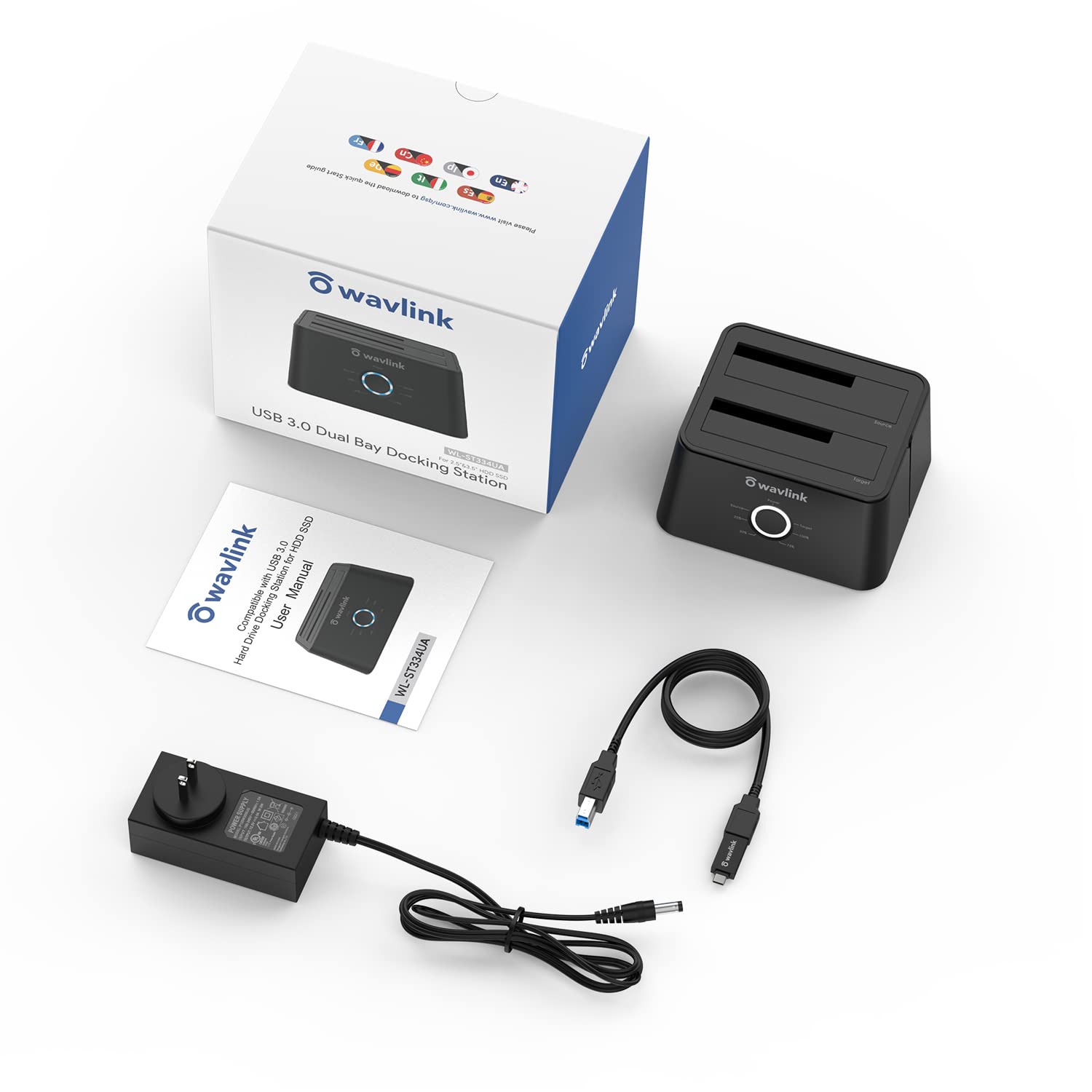 WAVLINK USB 3.0 and USB C to SATA Dual-Bay External Hard Drive Docking Station for 2.5/3.5 Inch HDD/SSD with UASP (6Gbps), Support Offline Clone/Duplicator Function [16TB X2 ]-Black