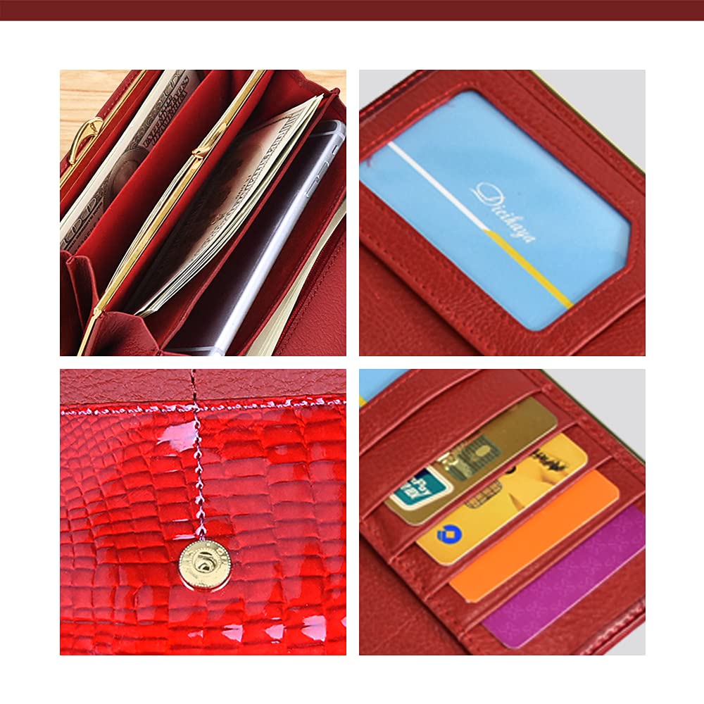 Dicihaya Wallet for Women Genuine Leather Card Holder Large Capacity Phone Checkbook Organizer Buckle Coin Purse (Red)