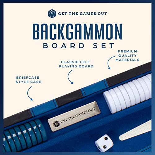 Get The Games Out Top Backgammon Set - Classic Board Game Case 15" Medium Size - Best Strategy & Tip Guide - Available in Small, Medium and Large Sizes (Blue, Medium)