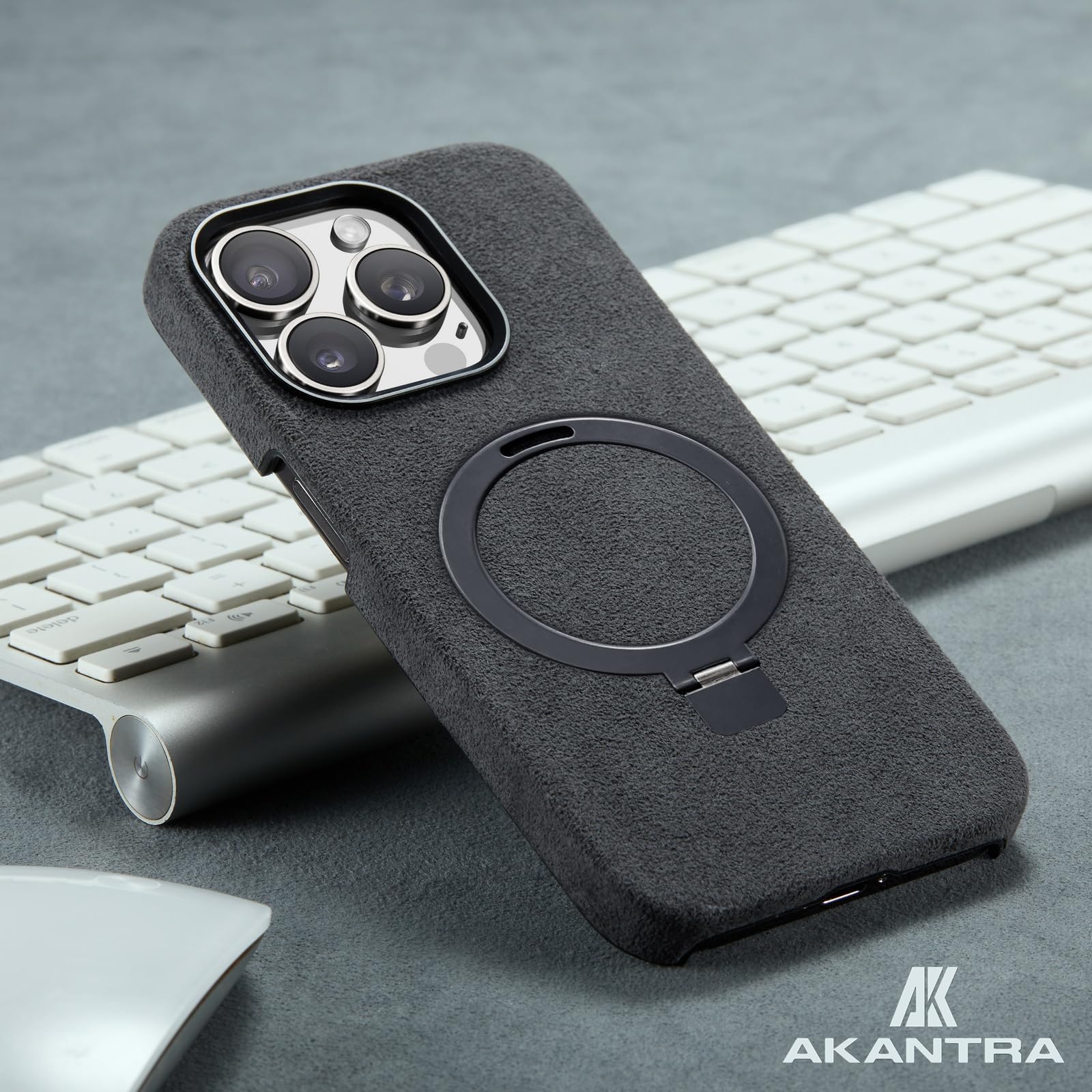 AKANTRA Alcantara Case for Apple iPhone 15 Pro Max, Handmade Half-Wrapped Synthetic Suede Cover, Magnetic Holder Ring Compatible with Magsafe Wireless Charging (iPhone15 Pro Max, Black)