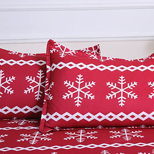 Dykoos Christmas Soft Brushed Microfiber Duvet Cover Set, Holiday Themed Snowflakes, Red and White, Queen Size with Zipper Closure, 1 Duvet Cover and 2 Pillow Shams
