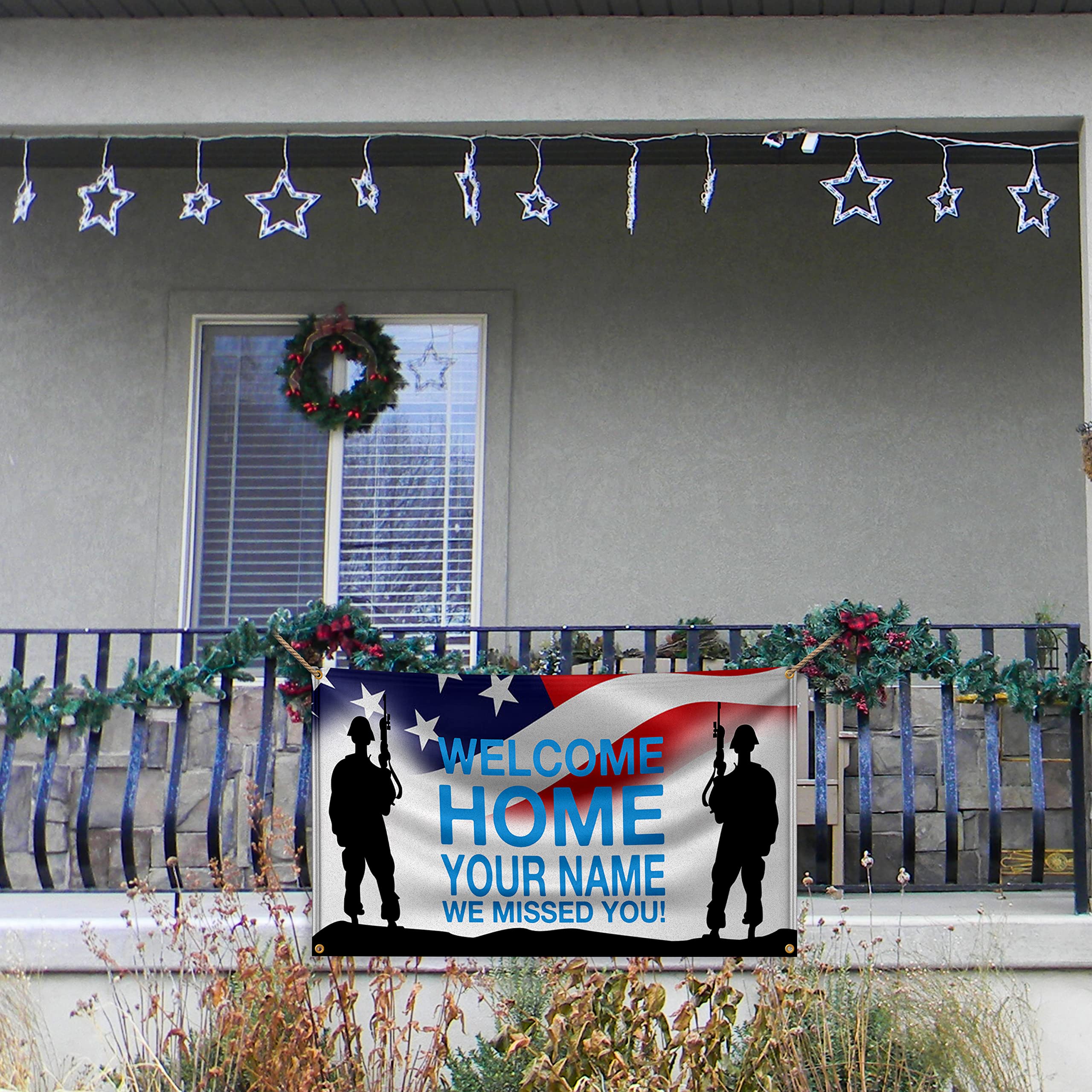 BannerBuzz Vinyl Banner, Welcome Home We Missed You Soldier, PVC Flex, 11 oz, Hemmed Edges with Grommets, Single Sided Print, Full Color 600DPI Eco Solvent Printing (10' W X 4' H)