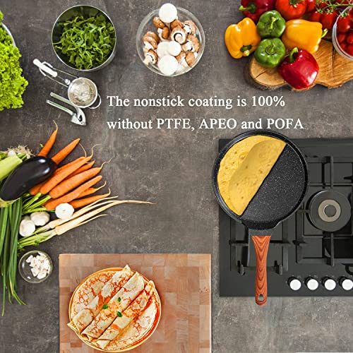 Aoorun Crepe Pan, Pancake Pan, Dosa Tawa Pan Nonstick Flat Griddle Frying Skillet Pan with Granite Coating & Solid Wood Handle for Omelette, Tortillas, Induction Compatible, 10 Inch