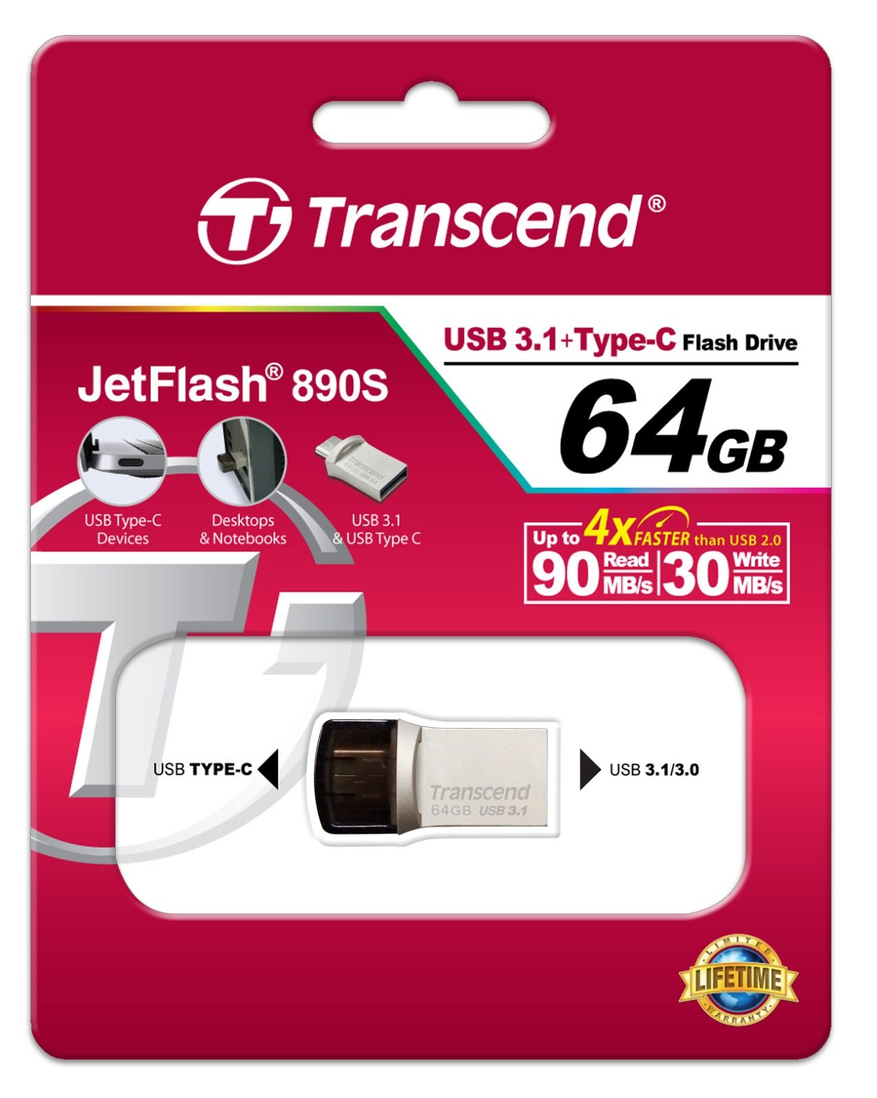 Transcend 64GB JetFlash 890S OTG Flash Drive with USB3.1 and USB Type-C Connectors
