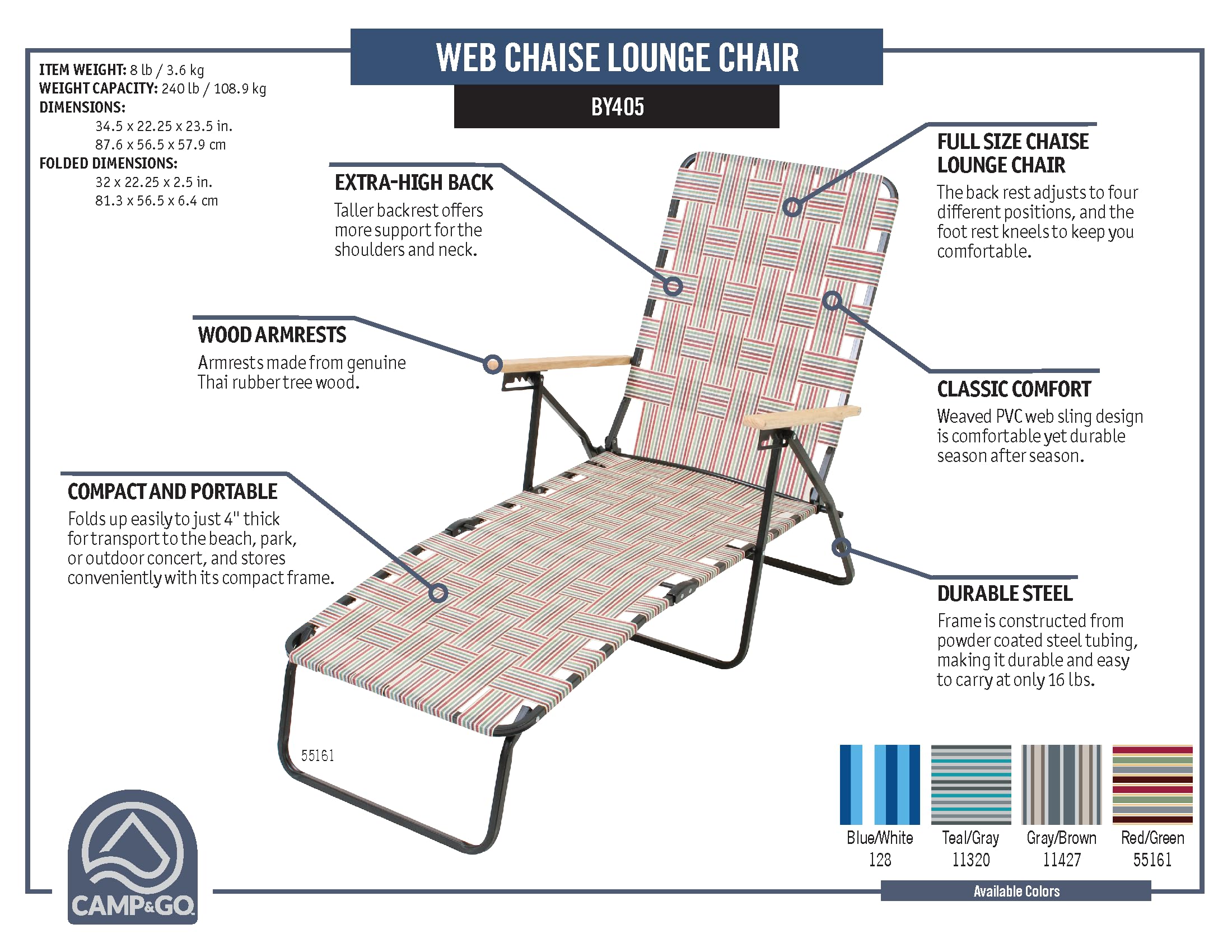 CAMP & GO 4-Position Folding Web Lawn Chair Beach Lounger, Blue/White