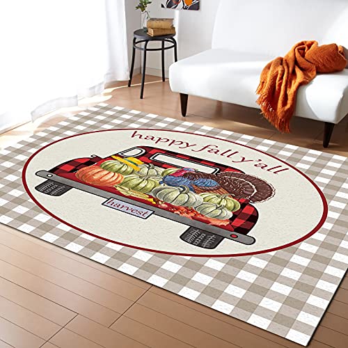Indoor Area Rugs Thanksgiving Turkey Truck Pumpkin Non-Slip Floor Mats Grey Check Rectangular Carpet Soft Washable Rugs for Living Room/Bedroom/Hallway Home Decor - 2x3 Feet