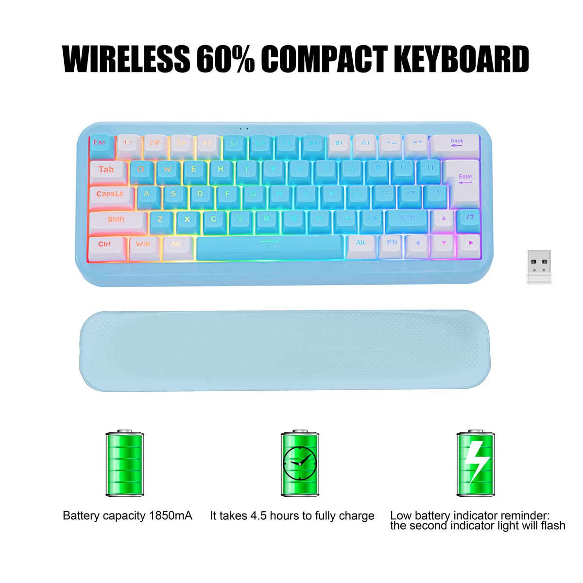 7KEYS 60% 2.4G Wireless Gaming Keyboard with Wrist Rest, Compact 63 Keys Mini RGB light up keyboard for PC Mac Laptop, Portable, Rechargeable Quiet for Typing and Gaming (Blue&white)