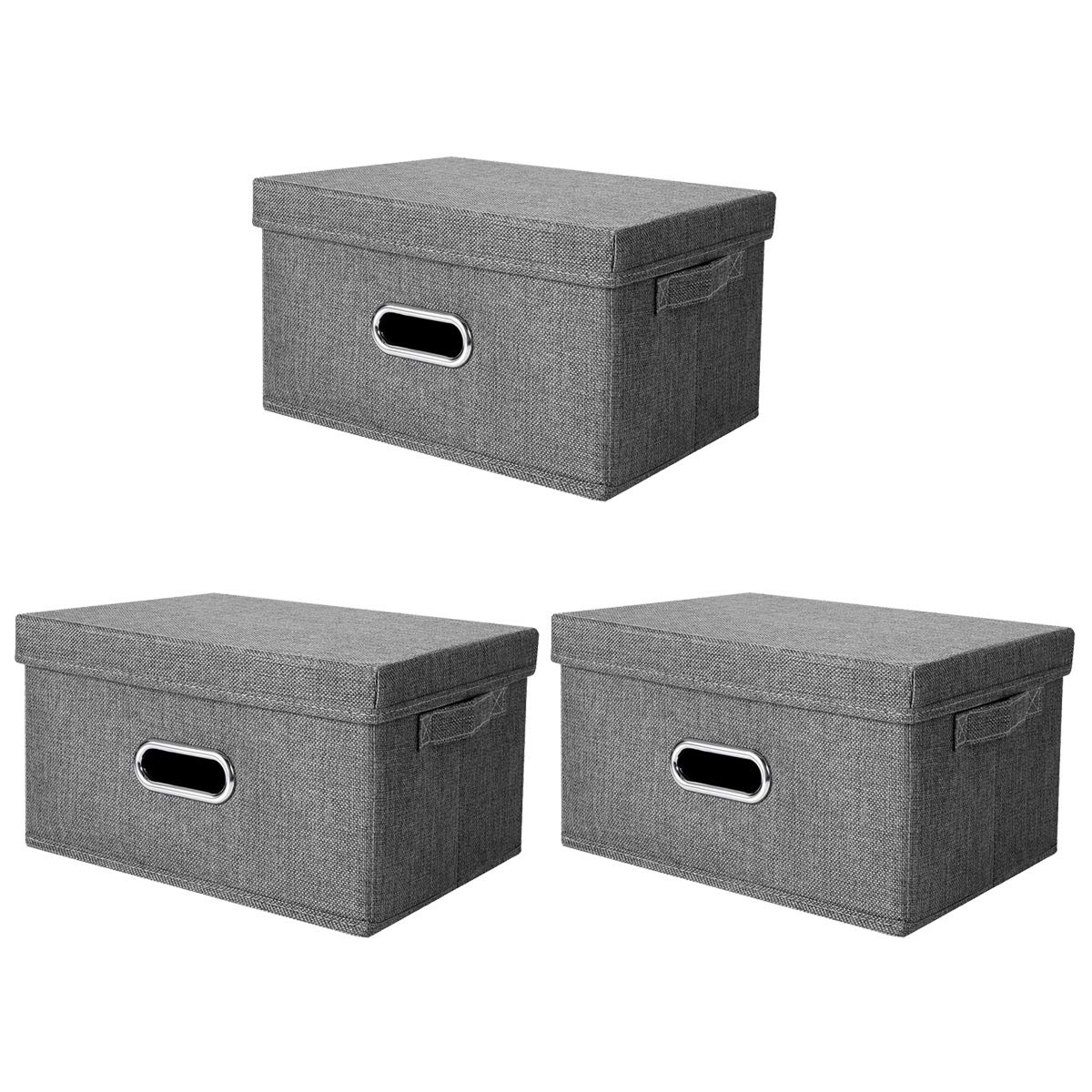 ANMINY 3 PCS Storage Boxes with Handles Removable Lids PP Plastic Board Foldable Lidded Cotton Linen Home Storage Cubes Bins Baskets Closet Clothes Toys Organizer Containers - Gray, Small Size