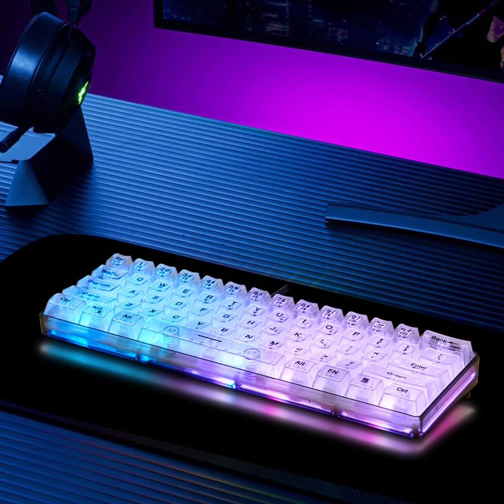 7KEYS 60% Percent Gaming Keyboard, 61 Keys Colorful RGB Backlight Transparent, Portable and Compact, Anti-ghosting Gaming Keys, USB-C Detachable Wired Cable for Mac, Laptop, PC Gaming
