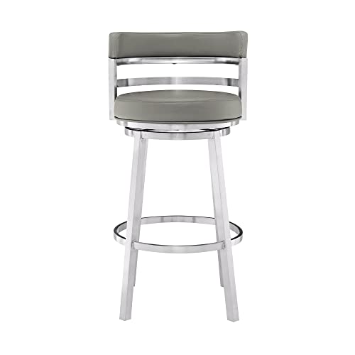 Armen Living Madrid 30" Bar Height Swivel Modern Grey Faux Leather and Brushed Stainless Steel Bar Stool for Kitchen Island Counter