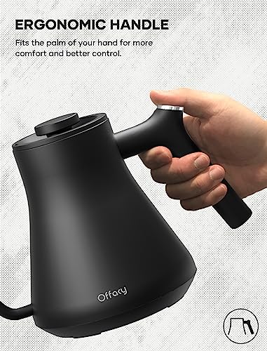 Gooseneck Electric Kettle, Offacy Pour Over Tea Kettles with LED Screen, ±1℉ Temperature Control, Full 304 Stainless Steel, Quick Heating, Hold, Mute, 0.68mm V-Shaped Spout, Hot Water Boiler, 0.9L