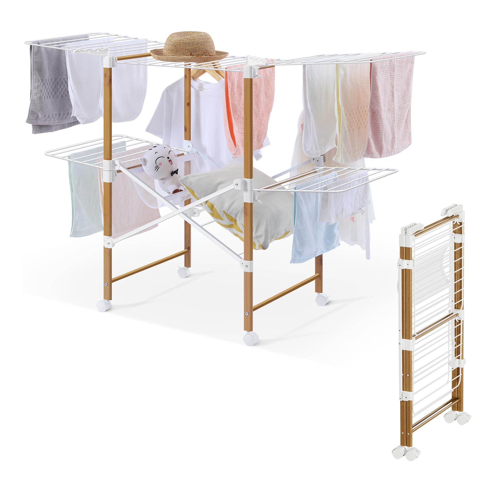 APEXCHASER Collapsible Drying Racks for Laundry, Metal Drying Rack Clothing with Wheels, Foldable 4-Wings Drying Rack for Home, Balcony, Apartments, Wooden Look