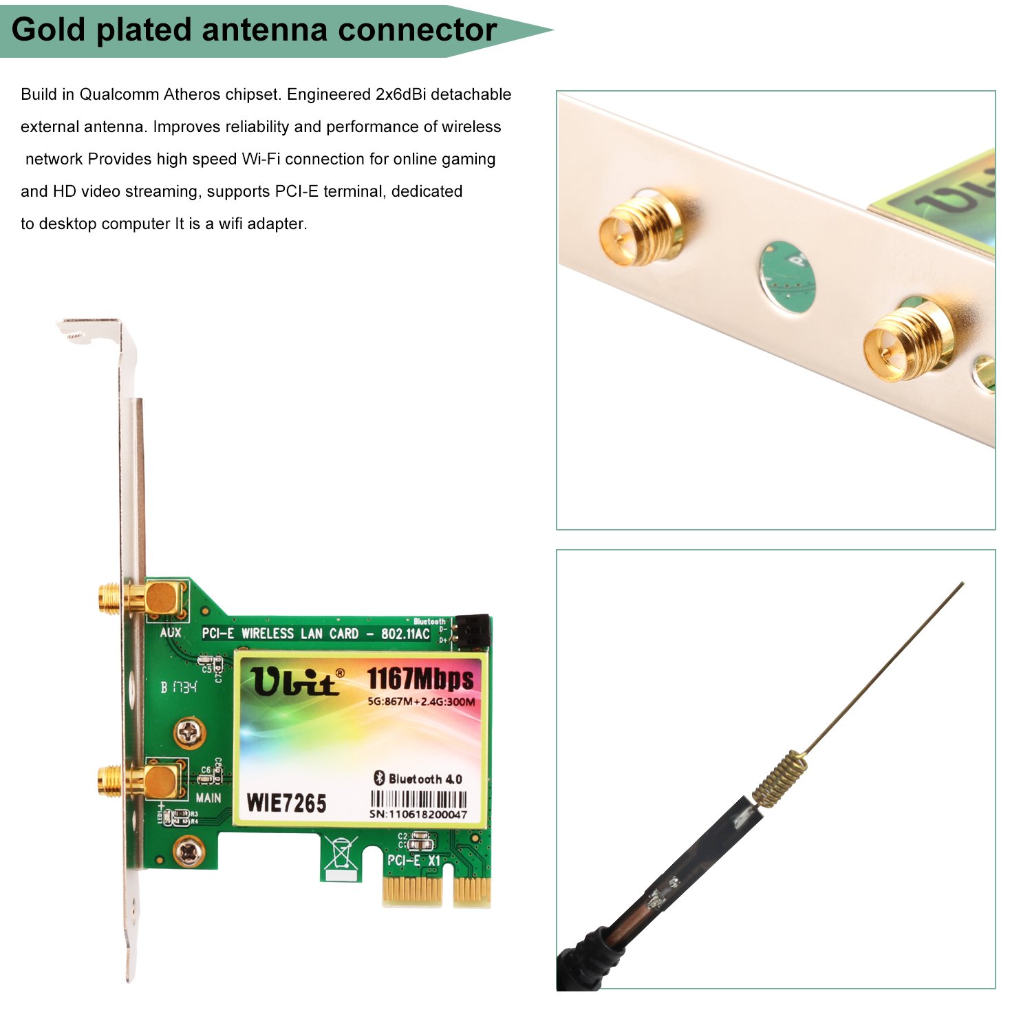 Ubit Network Card, WiFi Adapter AC 7265, AC1200Mbps pcie WiFi Bluetooth Card, 6dBi Antenna Wireless Dual Band (5G/2.4G) WiFi Card for Desktop pc