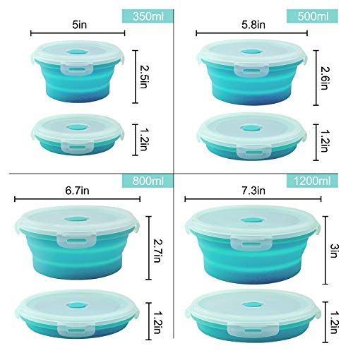 Cvwjz Silicone Collapsible Food Storage Containers,Set of 4 Round Folding Silicone Lunch Box,Microwave and Freezer Safe (Blue)