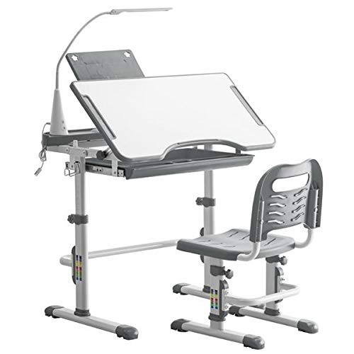 Kids Desk and Chair Set,Height Adjustable Ergonomic Children Sturdy Table with Drawer,Light,Metal Hook and Tilt Desktop for Boys Girls (Gray)