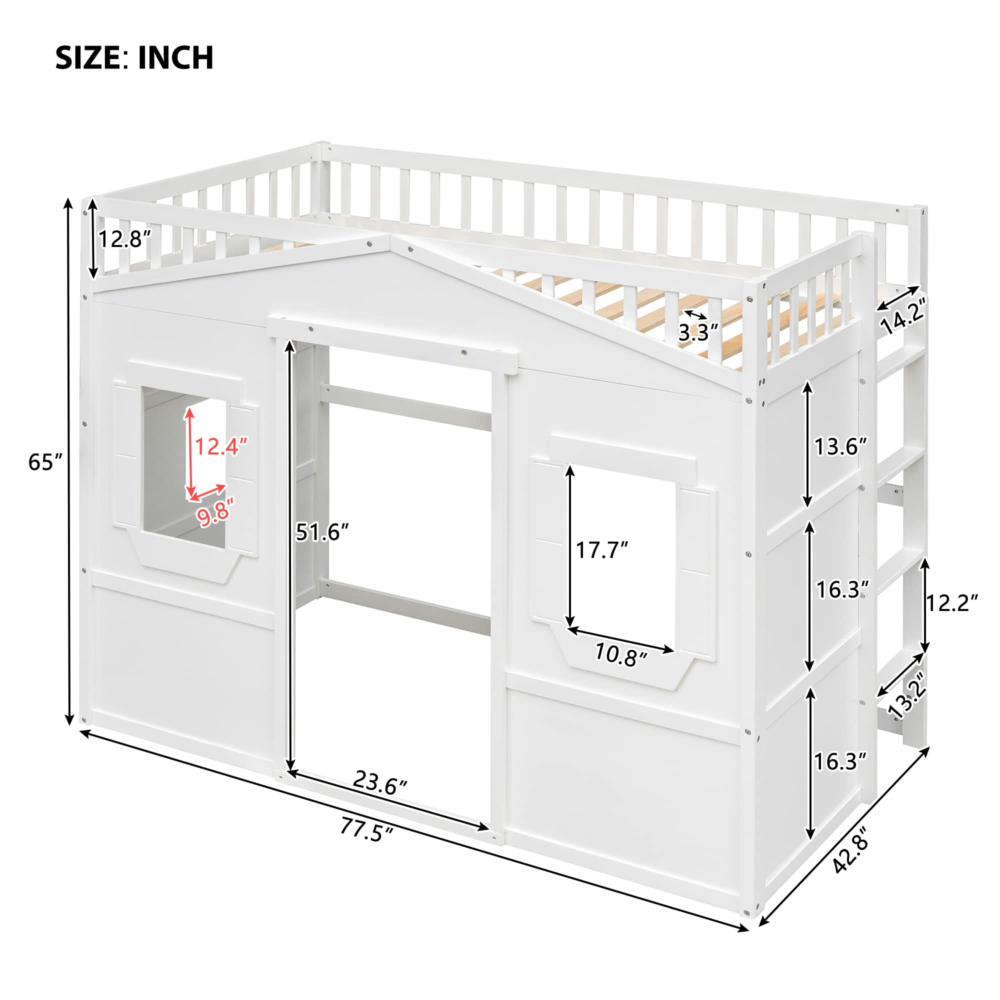 Twin House Loft Bed Frame for Kids, Wood Twin Loft Bed with Windows and Guardrail, Playhouse Bed, Twin Size Loft Bed for Boys & Girls, No Box Spring Needed, Underbed Height is 51 Inches, White