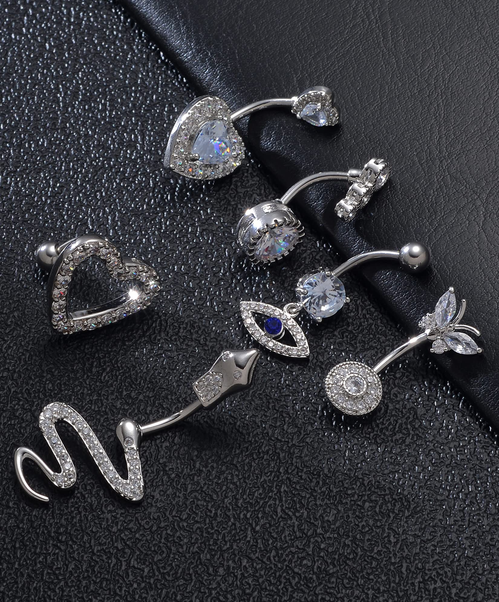 Akeoqi 14G Belly Button Rings for Women Dangle Cute Snake Round/Love Heart Devil Heart Clear Cubic Zirconia Navel Rings Body Piercing Jewelry Pack