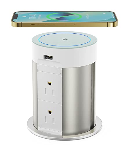 Automatic Pop Up Power Outlet with Wireless Charger, Retractable Recessed Power Strip, 4 AC Outlets and 2 USB Ports, Glass Finish, for Kitchen Countertops Office Table Workshop, White