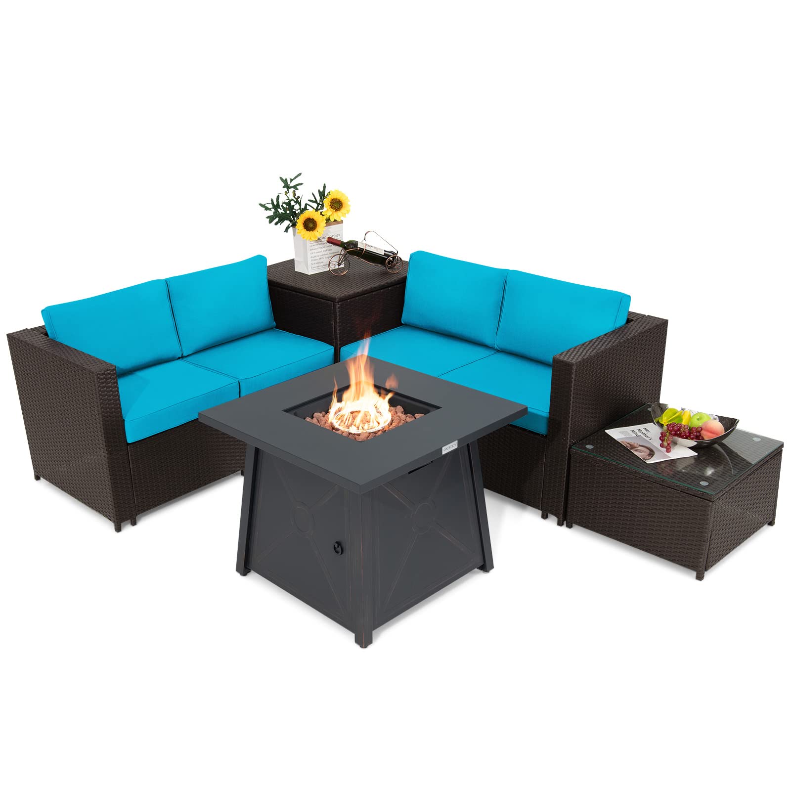 Tangkula 5 Piece Patio Furniture Set with 50,000 BTU Propane Fire Pit Table, Outdoor Wicker Conversation Set w/Cushions, Storage Box and Tempered Glass Coffee Table, 30” Gas Fire Pit Table (Turquoise)