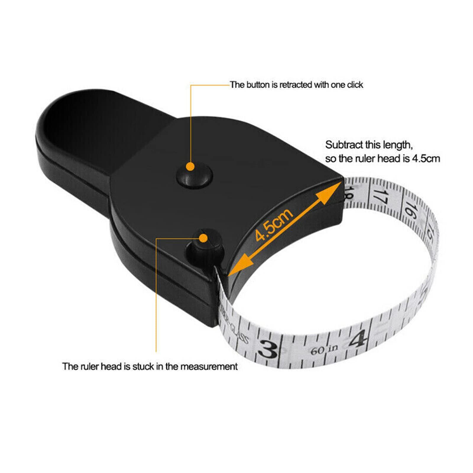 Automatic Retractable Body Measure Tape - 60inch Telescopic Self Measuring Tape for Body Measurement and Weight Loss, YAWALL Lock Pin and Push-Button Sewing Tapes(Black)