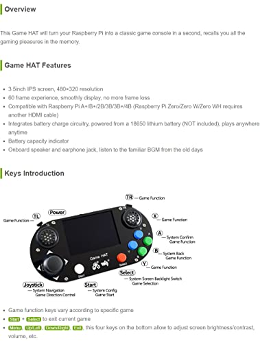 Waveshare Game HAT Compatible with Raspberry Pi 4B/A+/B+/2B/3B/3B+/Zero W/Zero WH 3.5inch IPS Screen 480×320 Resolution Onboard Speaker and Earphone Jack
