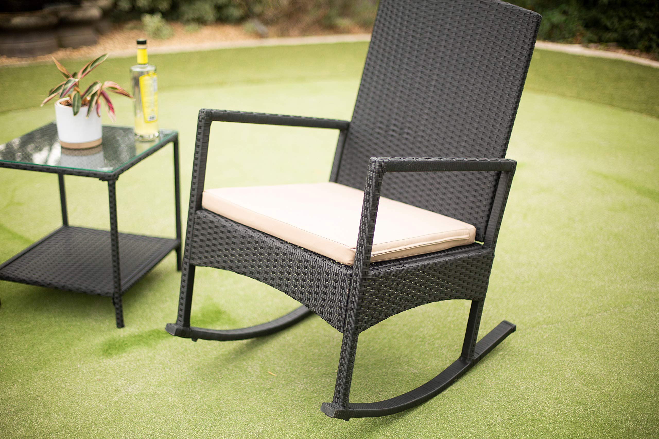 Barton 3 Pieces High Back Rocking Chair Set w/Glass Table Black Outdoor Patio Furniture Wicker Rattan Modern Conversation Chat Seating