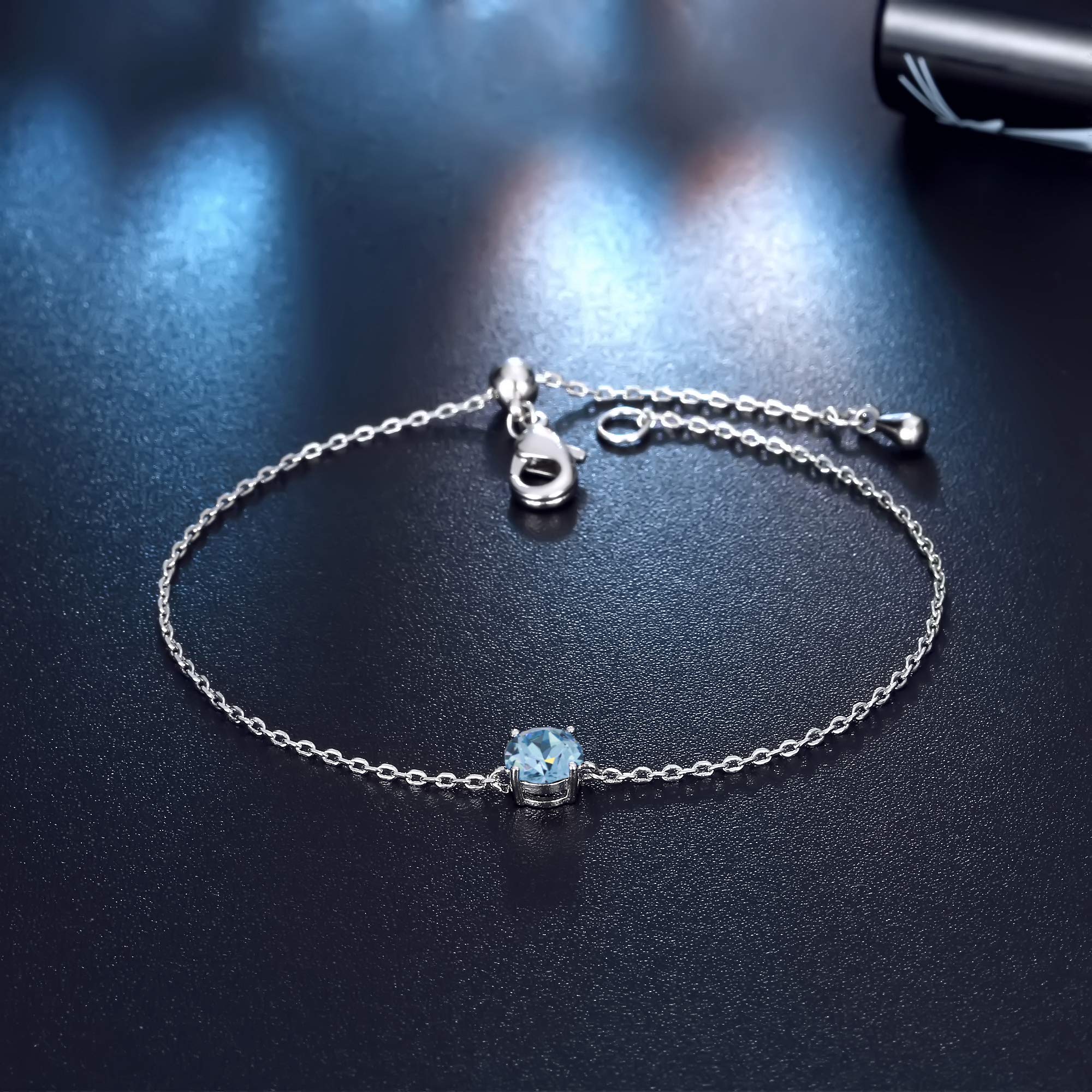 EGOO&YAMEE March Birthstone Bracelet Silver Copper White Gold Plated Cz Crystal Hearts & Arrows Adjustable Bangle (12 Color) Gifts for Women