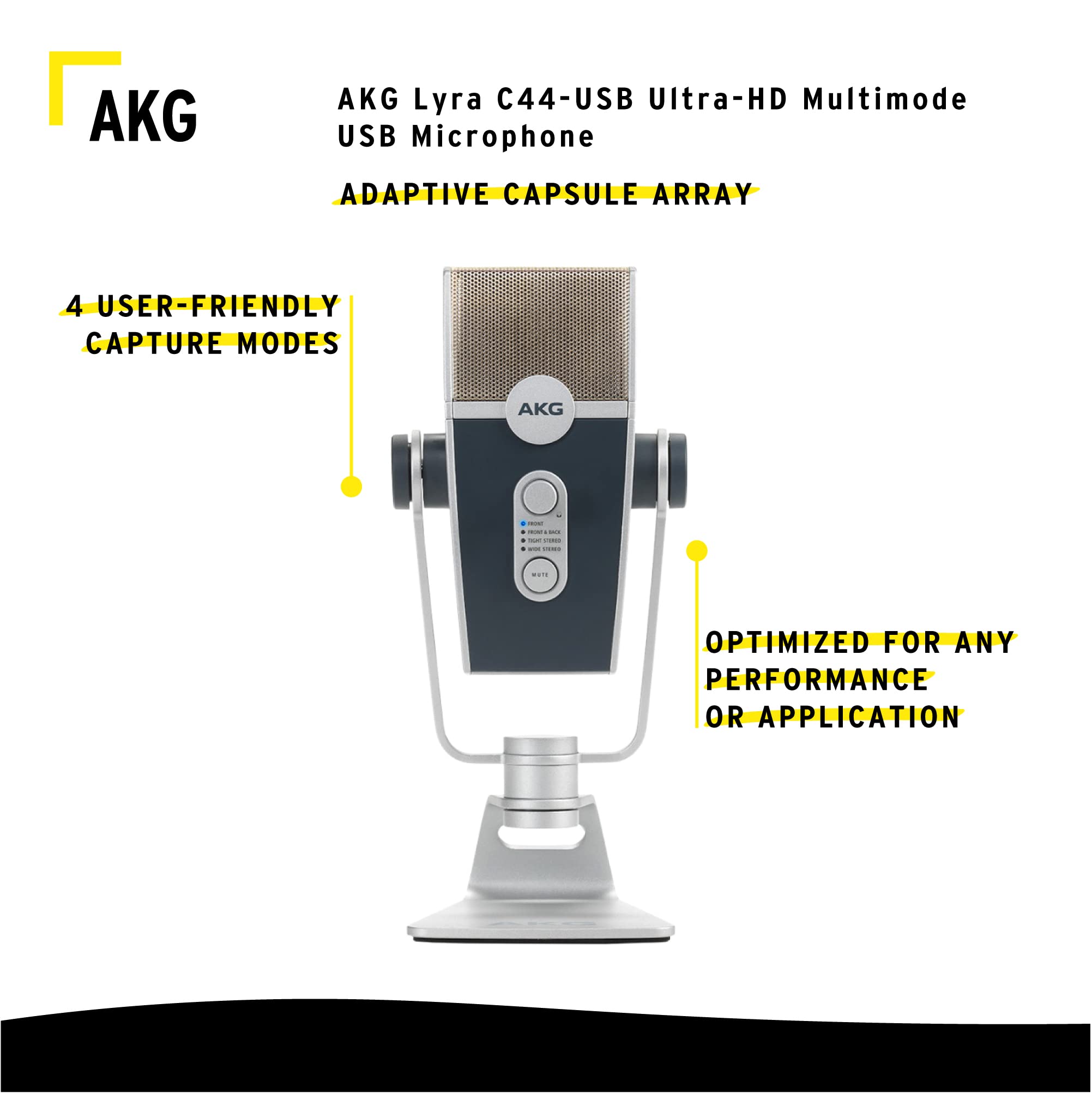 AKG Lyra C44-USB Ultra-HD Multimode USB Microphone Bundle with Knox Headphones and 3.0 4 Port USB Hub (3 Items)