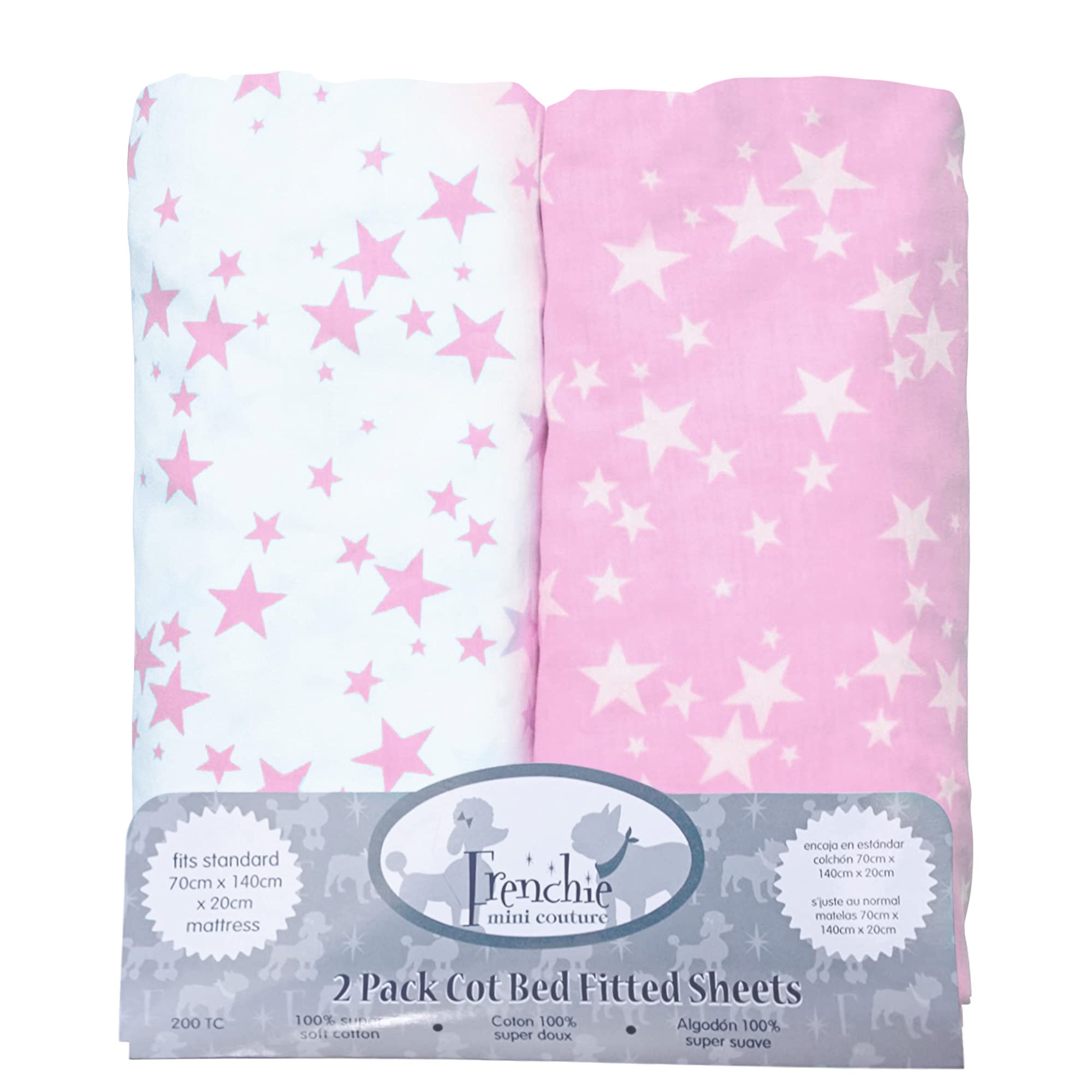 Frenchie Mini Couture Fitted Crib Sheets 100% Woven Cotton Fits Toddler Mattress, Pink Stars, 70 x 140 x 20cm, 2-Pack