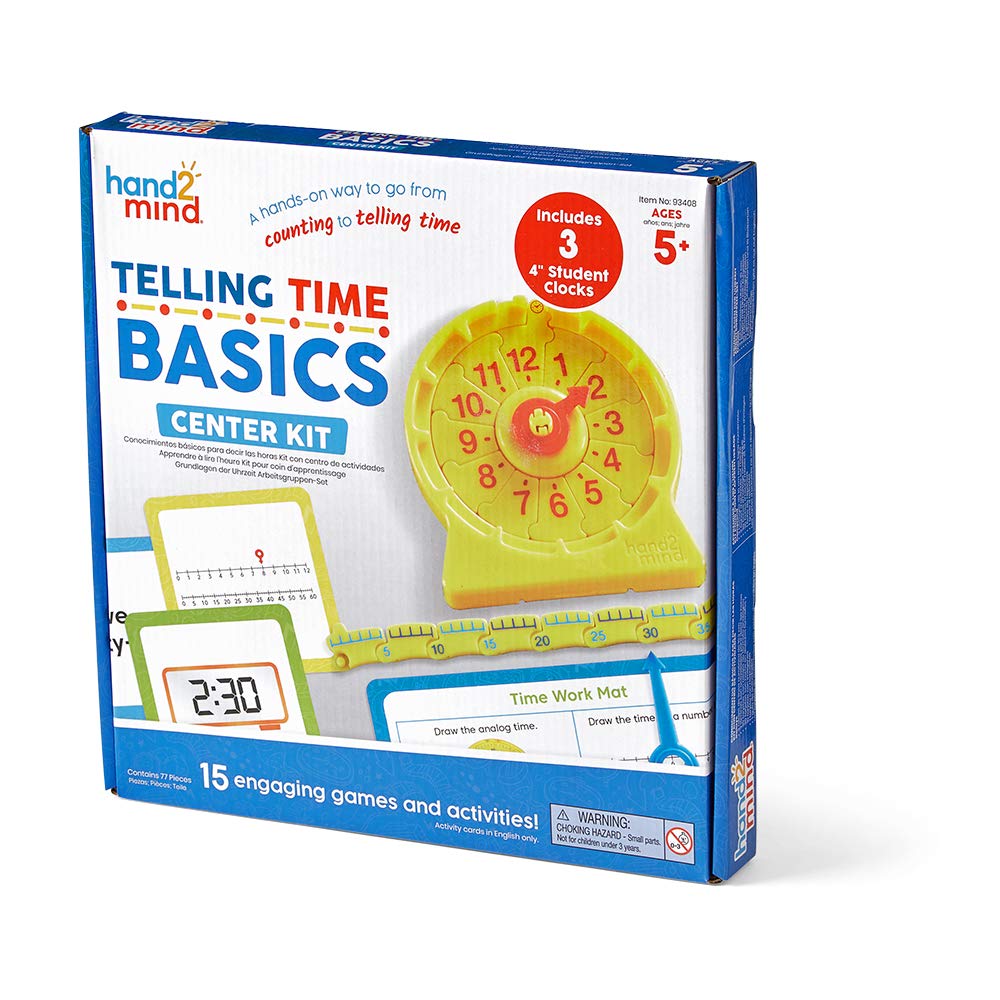 hand2mind Telling Time Basics Center Kit, NumberLine Learn to Tell Time Activity Set, Telling Time Teaching Clock Activities, Analog Classroom Clock for Kids, Math Manipulatives for Elementary School