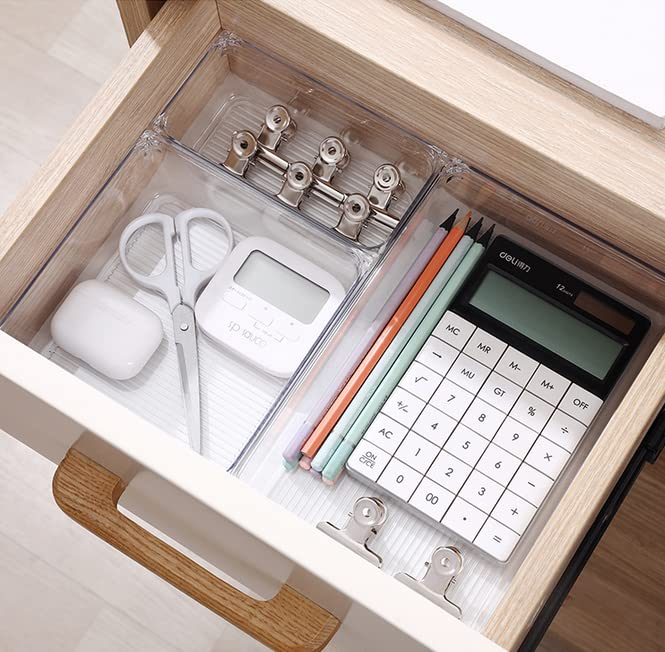 CHANCETSUI 10 pcs Desk Drawer Organizer Non-Slip Organiser Trays, 4-Size Clear Plastic Drawer Storage Boxes, Drawer Organizer Dividers for Makeup, Kitchen, Bedroom, Bathroom, Office