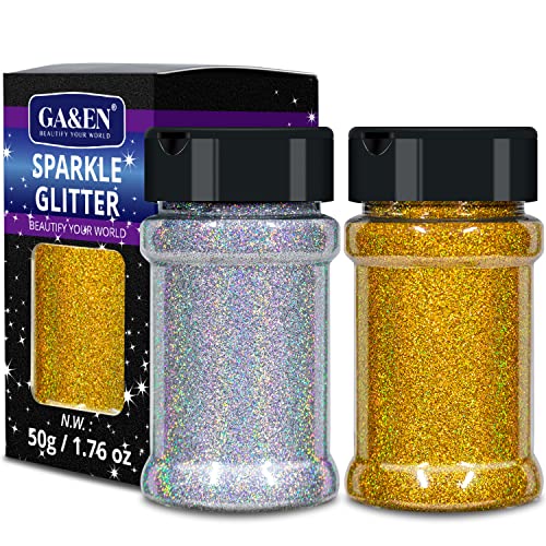 Holographic Ultra Fine Glitter 50g Silver+50g Gold Fine Glitter 100g/3.52oz Sparkle Glitter Powder for Resin Tumbler Project and Craft Iridescent Glitter for Nail Art and Body Makeup