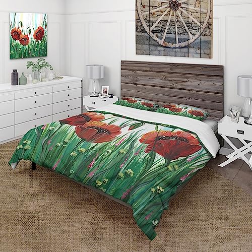 DESIGN ART Designart 'Red Bright Poppy Flowers On A Green Meadow' Traditional Duvet Cover Comforter Set Full/Queen Cover + Comforter + 2 Shams 4 Piece