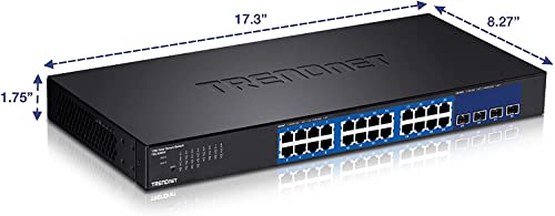 TRENDnet 28-Port Web Smart Switch, 24 x Gigabit Ports, 4 x 10G SFP+ Slots, High Speed Network Uplinks, 128 Gbps Switching Capacity,1U Rack Mountable,Lifetime Protection, Black, TEG-30284