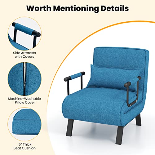 Giantex Convertible Sofa Bed, 4-in-1 Sleeper Chair with Pillow, Modern Recliner Guest Bed with 6 Positions Adjustable Backrest, Metal Legs, Linen Fabric Armchairs for Nursery Living Room Office (Blue)