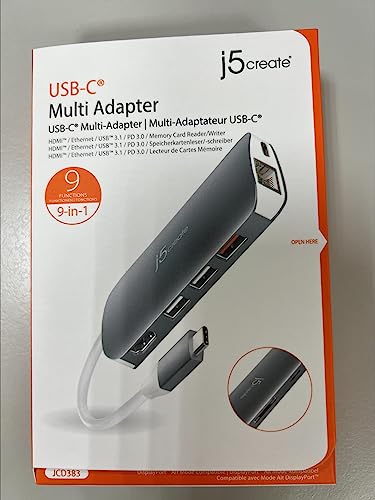 j5create USB-C 9-in-1 Multi Adapter Multi Adapter HDMI/Ethernet/USB 3.1, SD and MicroSD/PD 3.0 | 4K HDMI for MacBook | ChromeBook |USB-C Devices (JCD383)